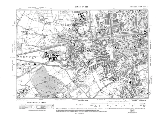 OLD MAP HANWELL with parts of Brentford & Ealing 1920 Middlesex repro ...