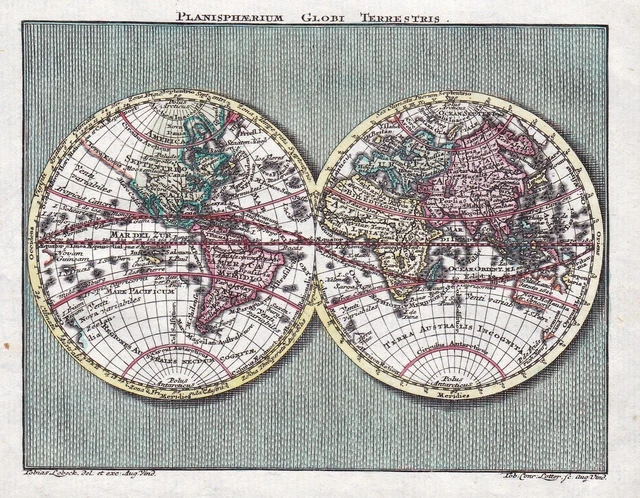 WORLD MAP MAPPEMONDE World Map Lotter Lobeck Engraving Copperplate 1760 ...