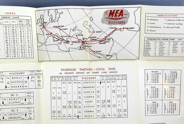 MEA MIDDLE EAST Airlines Timetable November 1958 - March 1959 Route Map ...