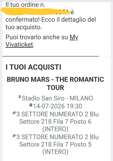 2 BIGLIETTI BRUNO Mars Milano San Siro 14/07/2026 3 Settore EUR 650,00 ...