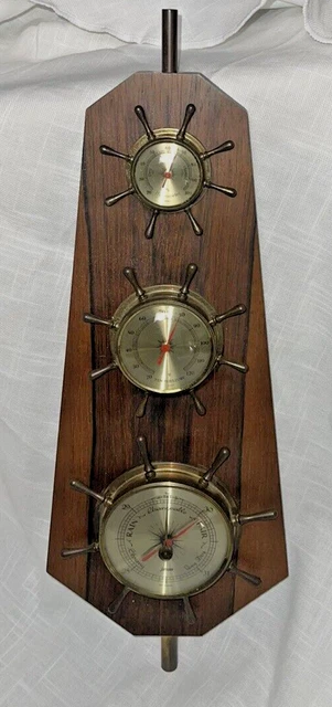 VTG NAUTICAL WOOD Ship Wheel Thermometer Hydrometer Barometer West ...