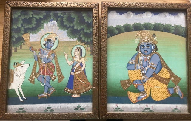 TWO ANTIQUE 19THC hand painted ‘with gold’ Indian miniatures of Rhada ...