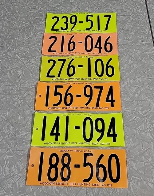 6 VINTAGE WISCONSIN Resident Deer Hunting Back Tags 1971 thru 1976 £7. ...