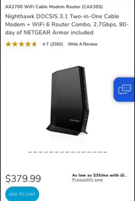 NETGEAR NIGHTHAWK CABLE Modem + WiFi 6 Router Combo - AX2700 (Up to 2 ...