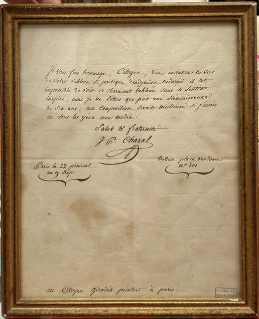 LETTRE SIGNÉE JEAN-PIERRE Chazal Au Citoyen Girodet Tableau d'Endymion ...