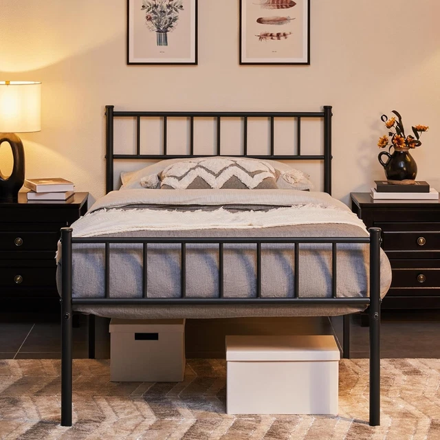 METAL BED FRAME Single 3ft Modern Black Iron Squeak-Resistant Sturdy £ ...