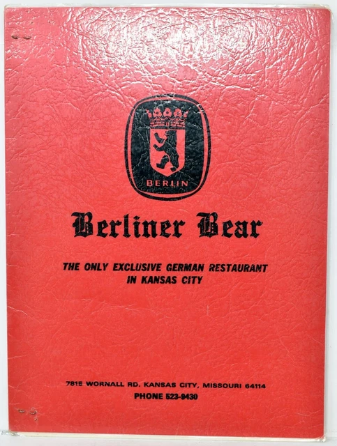 1970S BERLINER BEAR German Restaurant Menu Wornall Road Kansas City ...