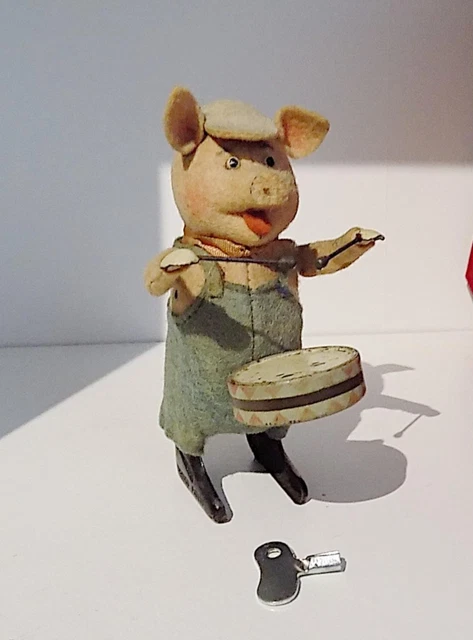 VINTAGE TINPLATE WIND-UP Pig (3 Little Pigs) Playing Drum, Schuco ...