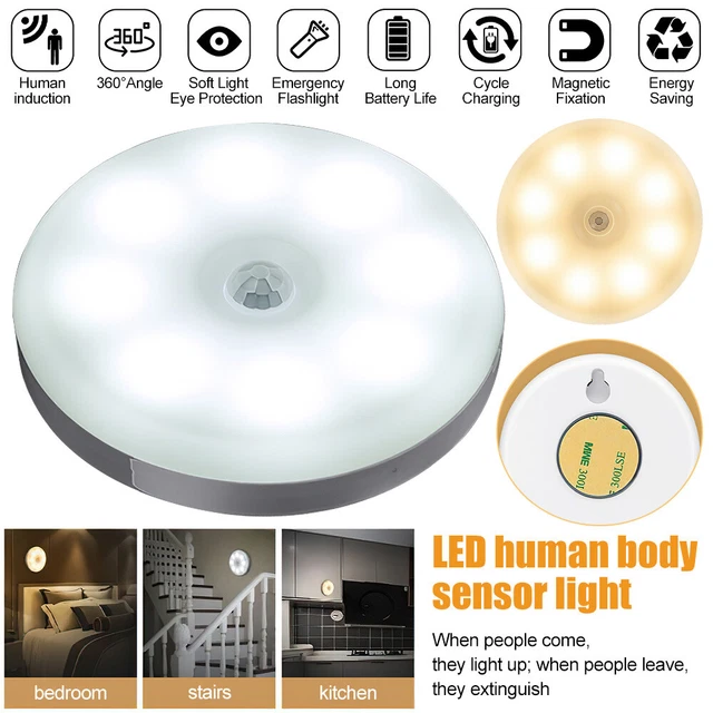 4XROUND NIGHT LIGHT LED Motion Sensor Smart PIR USB Rechargeable Wall ...