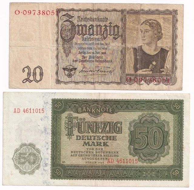 2 GERMAN BANKNOTES 20 Reichsmark 1939 Nazi 3rd Reich 50 Deutsche Mark ...