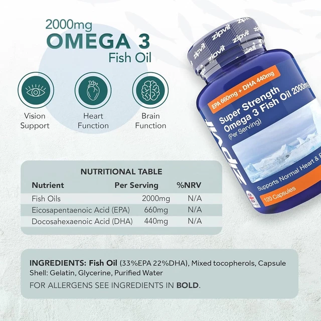 3 OMEGA FISH Oil 2000mg, EPA 660mg DHA 440mg per Daily Serving. 120 ...