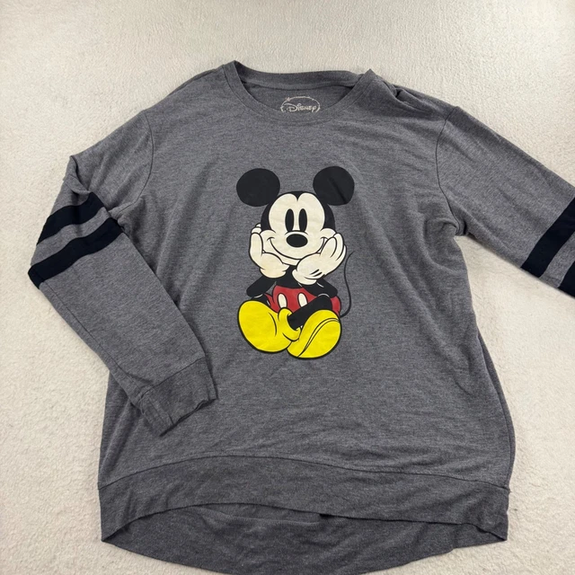 DISNEY MICKEY MOUSE Gray Long Sleeve T-Shirt Black Sleeve Stripes XL ...
