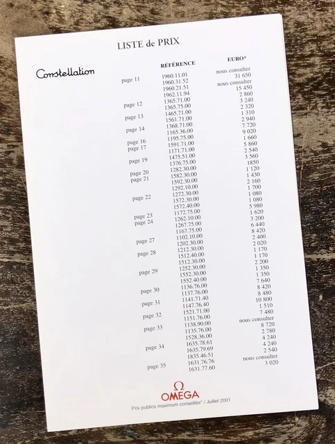 OMEGA PRICE LIST Euro 2001 Constellation Speedmaster Seamaster 3689 ...