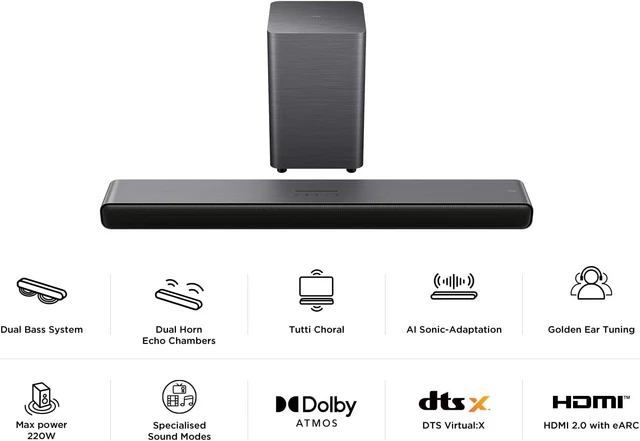 TCL S55HK 2.1 Channel Dolby Atmos Soundbar,220W Max Power with Dual ...