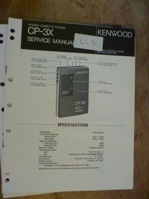 KENWOOD CP-3X Cassette Player Service Manual £5.80 - PicClick UK