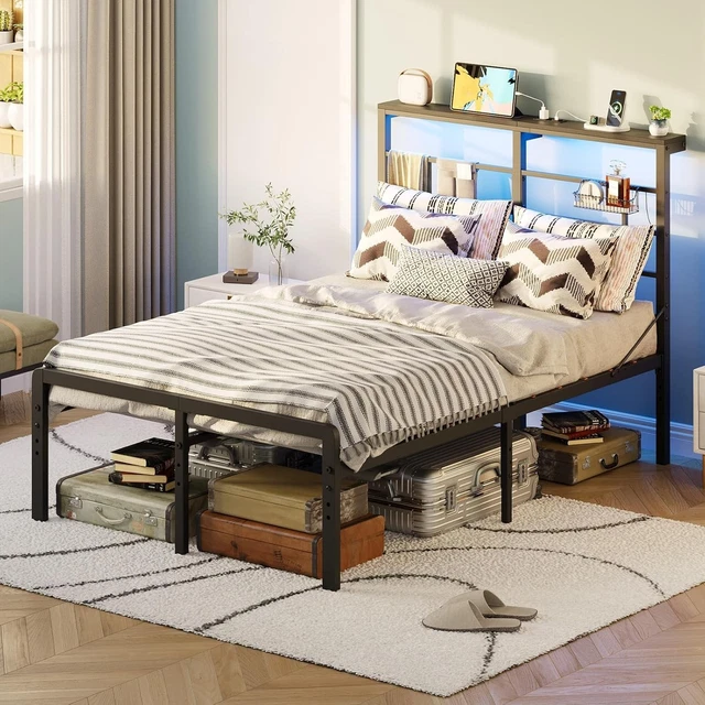 DOUBLE METAL BED Frame w/LED Headboard USB Charging 4ft6 Storage Base £ ...