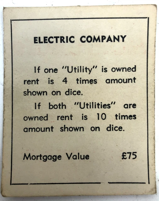1930'S AUSTRALIAN MONOPOLY Part - ELECTRIC COMPANY Card - Pat. App No ...