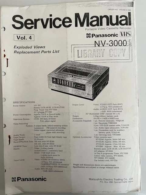 PANASONIC VHS CASSETTE RECORDER NV-3000 SERVICE MANUAL rare vintage £11 ...