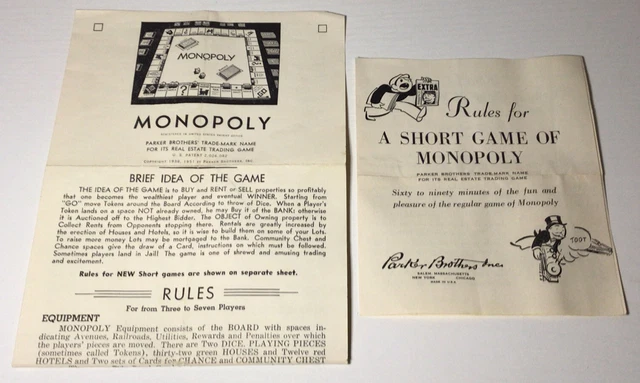 1951 MONOPOLY INSTRUCTIONS Rules How To Play Collector Board Game ...