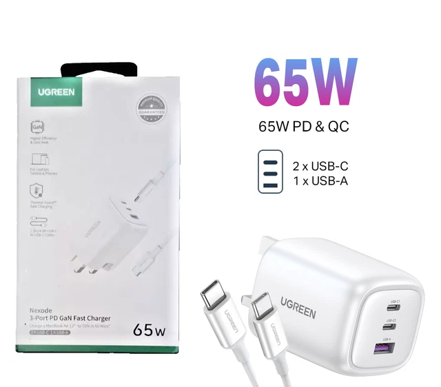 UGREEN 65W NEXODE USB C GaN Fast Charger Plug Foldable 3-Port + 100w ...