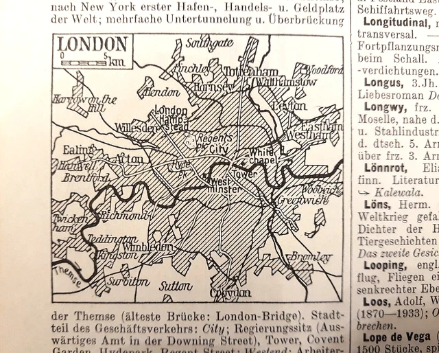 ALTE LITHOGRAPHIE, LONDON, ca. 1935, Landkarte, Stadtplan, Tower, Löns ...
