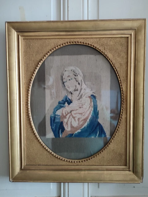 ANCIEN CADRE BOIS doré avec Marie Louise ovale canevas Ste Vierge sous ...
