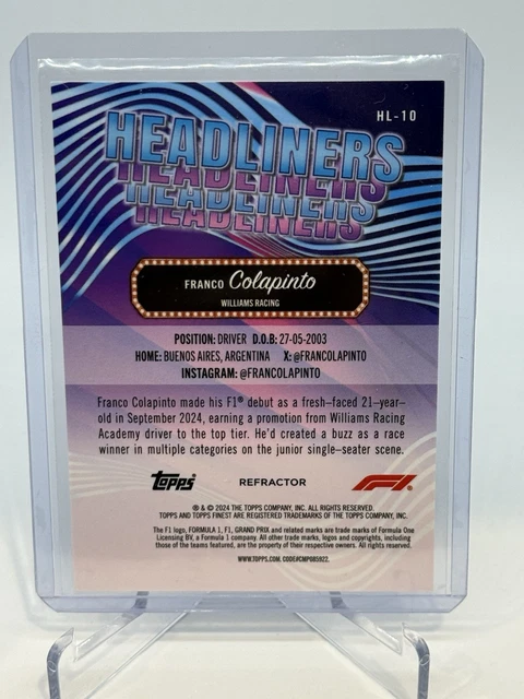 2024 TOPPS FINEST Formula 1 F1 Franco Colapinto Headliners Refractor # ...