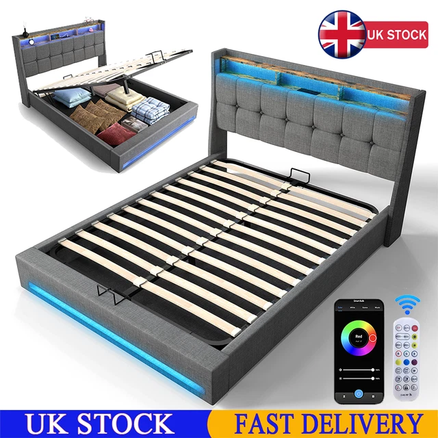 STORAGE GAS LIFT UP 4FT6 KING SIZE METAL BED FRAME W/ LED LIGHTS ...