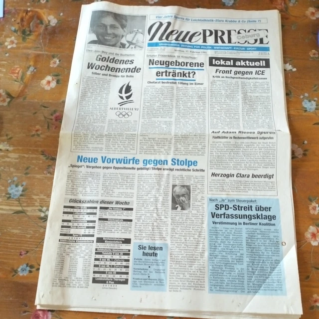 ALTE COBURGER TAGESZEITUNG 17. 02. 1992, neue Presse Coburg J5172 A ...