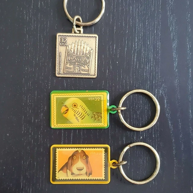 VINTAGE USPS KEY Chains Rings Lot Crayola Crayons Dog Stamp Bird Stamp ...