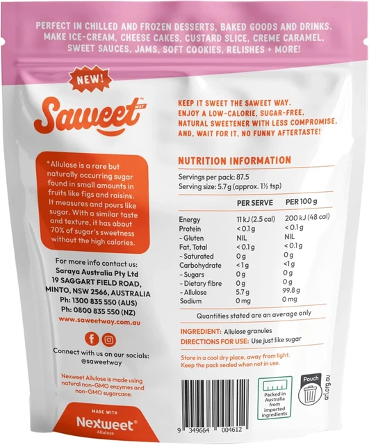 SAWEETWAY PURE ALLULOSE Sweetener Low Calorie Sugar Substitute No ...