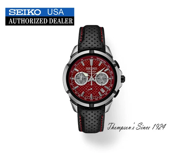 SEIKO MEN'S COUTURA Chronograph Red Dial Steel Leather SSB435 Open box ...