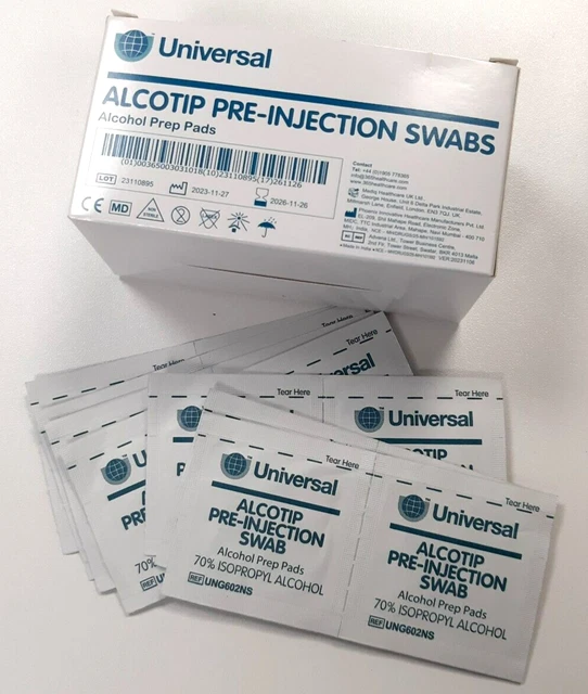 100 UNIVERSAL ALCOTIP Pre-Injection Swabs 70% Isopropyl Alcohol IPA ...