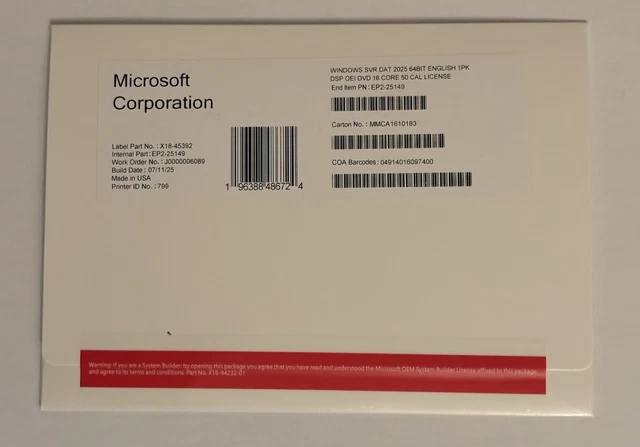MICROSOFT WINDOWS SERVER 2025 Standard 64Bit 16 Core (50 CALs) DVD +Key ...