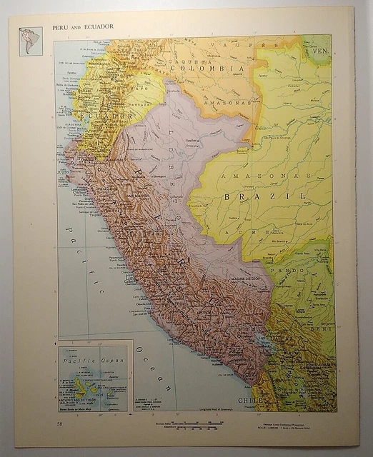 1960'S VINTAGE PERU & ECUADOR Atlas Map - Old Antique Rand McNally ...