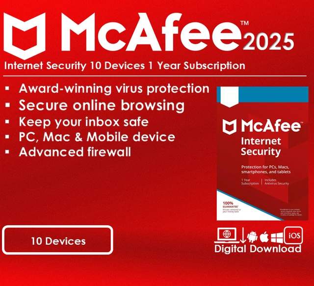 WINDOWS 11 - McAfee Internet Security 2025 10 Devices 1 Year Antivirus £7.75 - PicClick UK