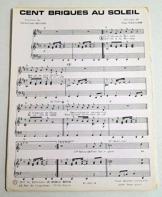 PARTITION VINTAGE SHEET music JEAN FALISSARD : Cent Briques au Soleil * 70's EUR 7,49 - PicClick FR