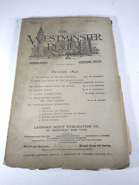 WESTMINSTER REVIEW MAGAZINE 1891 - Gothic Architecture, Trade Unions ...