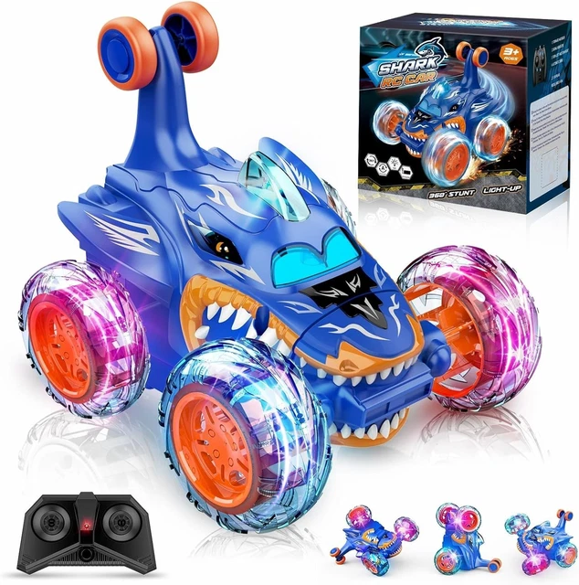 RC SHARK CAR for Kids 3-8, 360° Flip LED Light Remote Control Stunt Toy ...