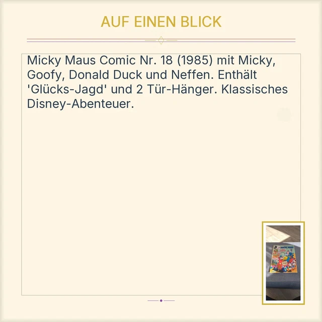 MICKY MAUS COMIC Nr. 18 Ehapa Verlag 1985 Glücks-Jagd Tür-Hänger Disney ...