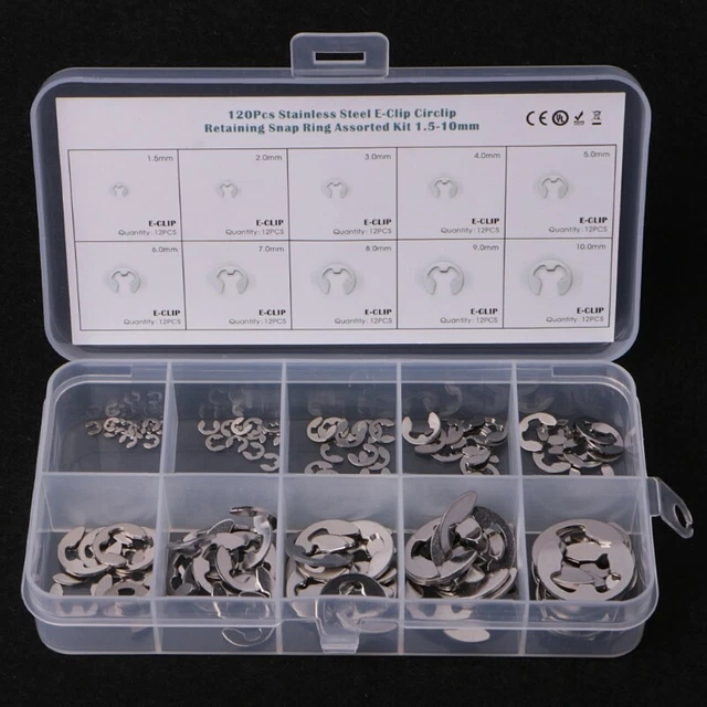 120PCS 1.5MM-10MM E-CLIP Assortment Kit Stainless Steel Retaining ...