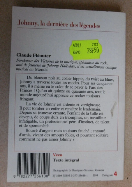 LIVRE JOHNNY HALLYDAY LA DERNIERE DES LEGENDES en 1994 Claude FLEOUTER ...