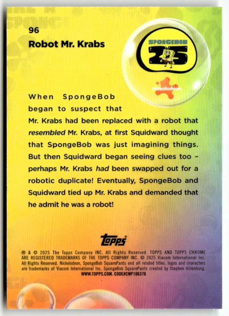 TOPPS SPONGEBOB CHROME 2025 No. 96 Robot Mr. Krabs EUR 2,99 - PicClick DE