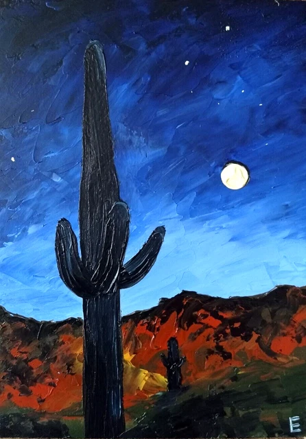 ORIGINAL OIL PAINTING Cacti Desert Night Landscape Moon Star Art 7 x 5 ...