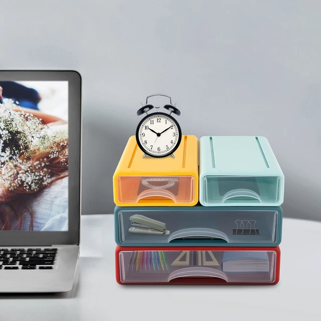 DESKTOP ORGANIZER STACKABLE Storage Box 4 Drawers Plastic Stationery ...