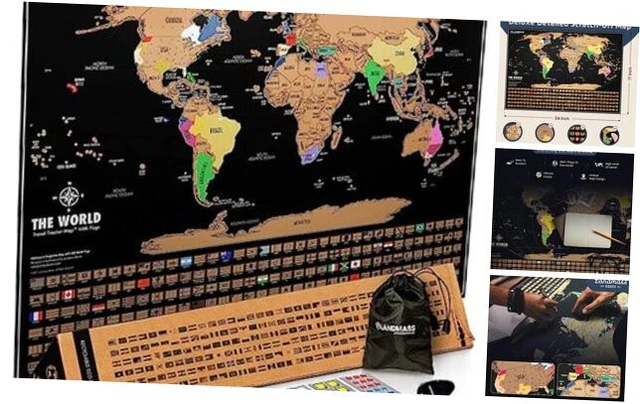 SCRATCH OFF WORLD Map, Deluxe Travel Tracker Map Poster 24x17 Black ...