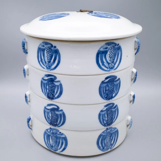 LARGE CHINESE ANTIQUE Blue White Porcelain Stacking Container Late Qing ...