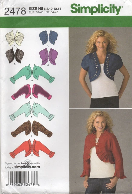 SIMPLICITY SEWING PATTERN 2478 Jacket Shrug Bolero Pleat Edge Size 6 ...