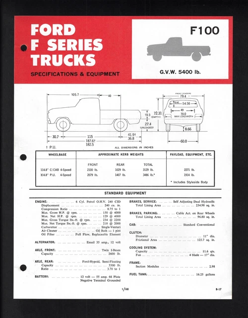FORD F SERIES Trucks F100 Specifications Brochure 01/68 £16.91 ...