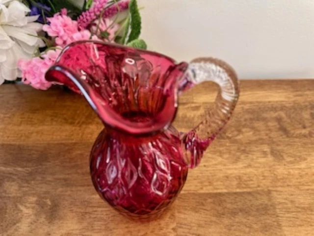 VINTAGE CRANBERRY GLASS Pitcher Diamond Quilted Pattern Twisted Clear ...